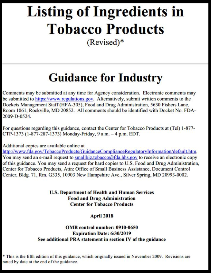 Revised FDA Ingredient Listing Guidance for Tobacco Products Published ...